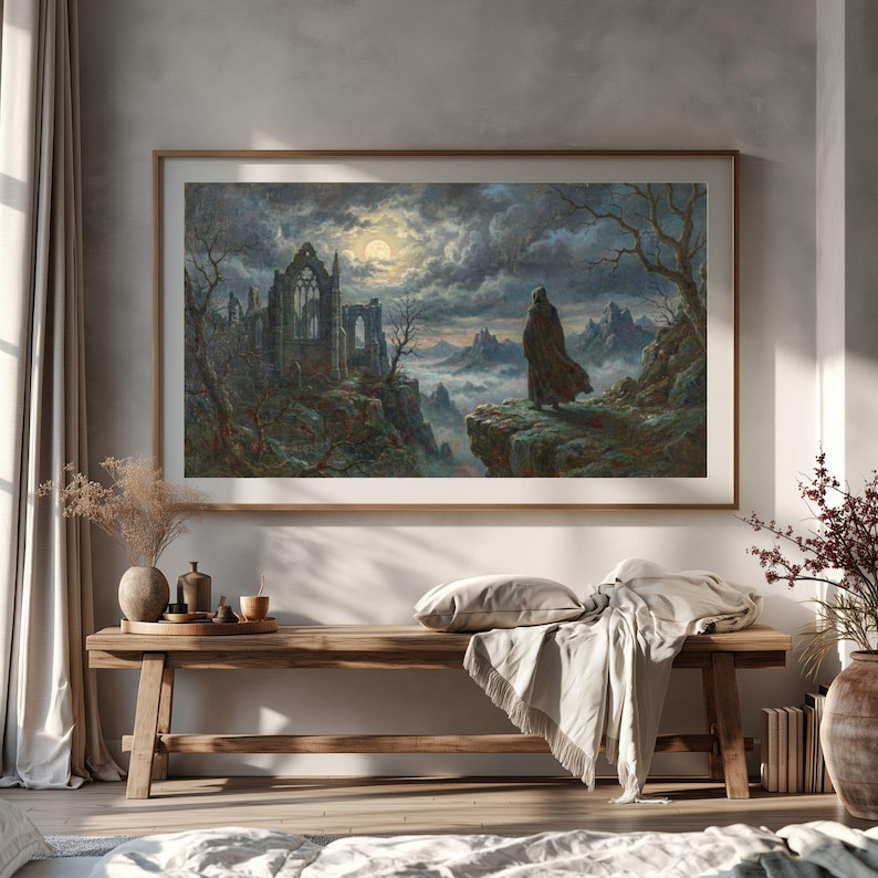 Frame TV Art Moonlit Abbey Ruins Cloaked Figure Friedrich Gothic Dark ...