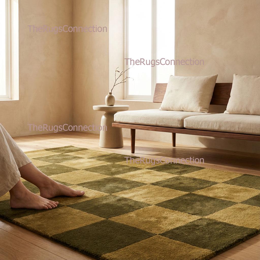 Hand Tufted Green Checkered Rug | Modern Wool Living Room 8x10 Area Rug ...