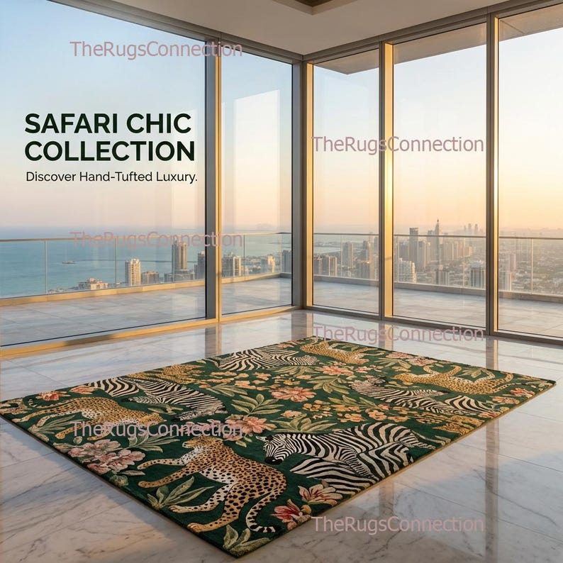 Green Safari Rug | Jungle Animal Style | Hand Tufted Wool | Living Room ...