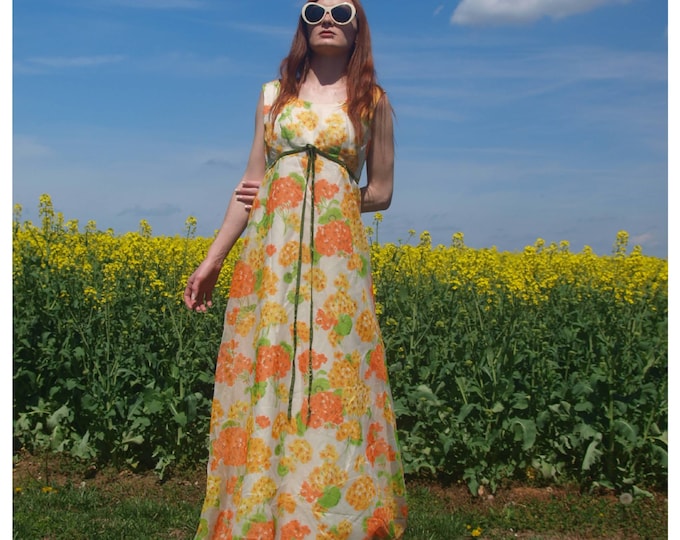 SALE Vintage Floral 60s Gown Maxi Dress Orange / Yellow Flowers - Etsy