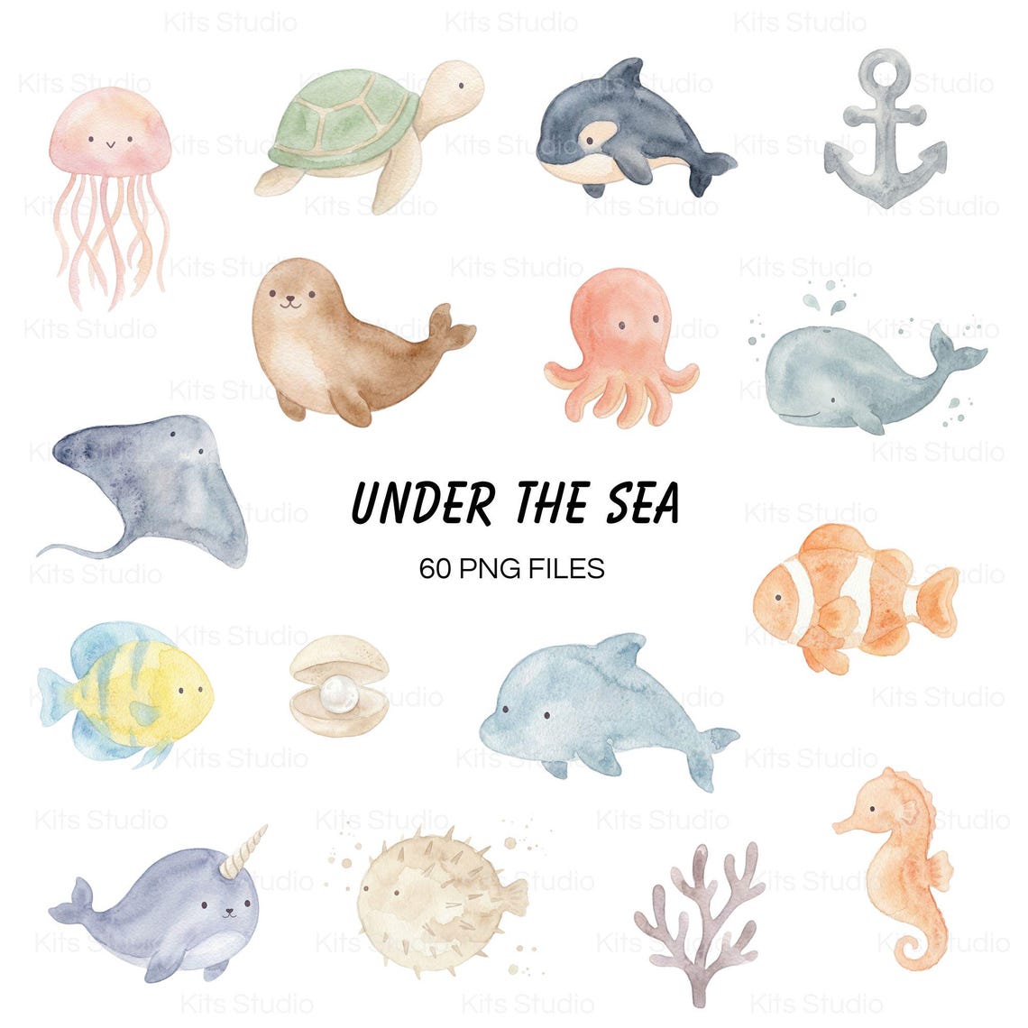 Clipart Under the Sea Watercolor PNG, Pastel Sea Animals, Cute Baby Sea ...