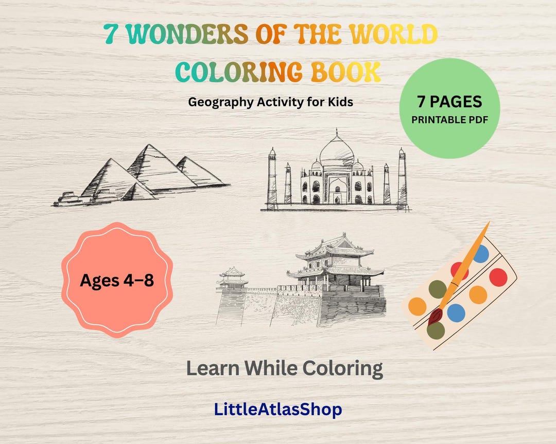 7 Wonders World Coloring Book, Kids Geography Activity, Homeschool ...