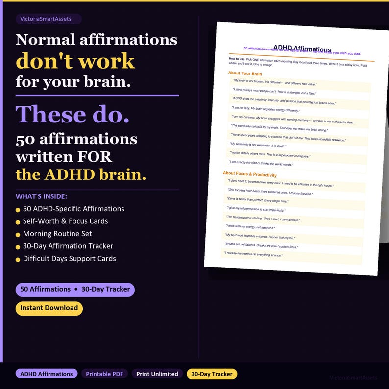ADHD Affirmations for Adult Brain | Self-love Mindset Cards (digital ...