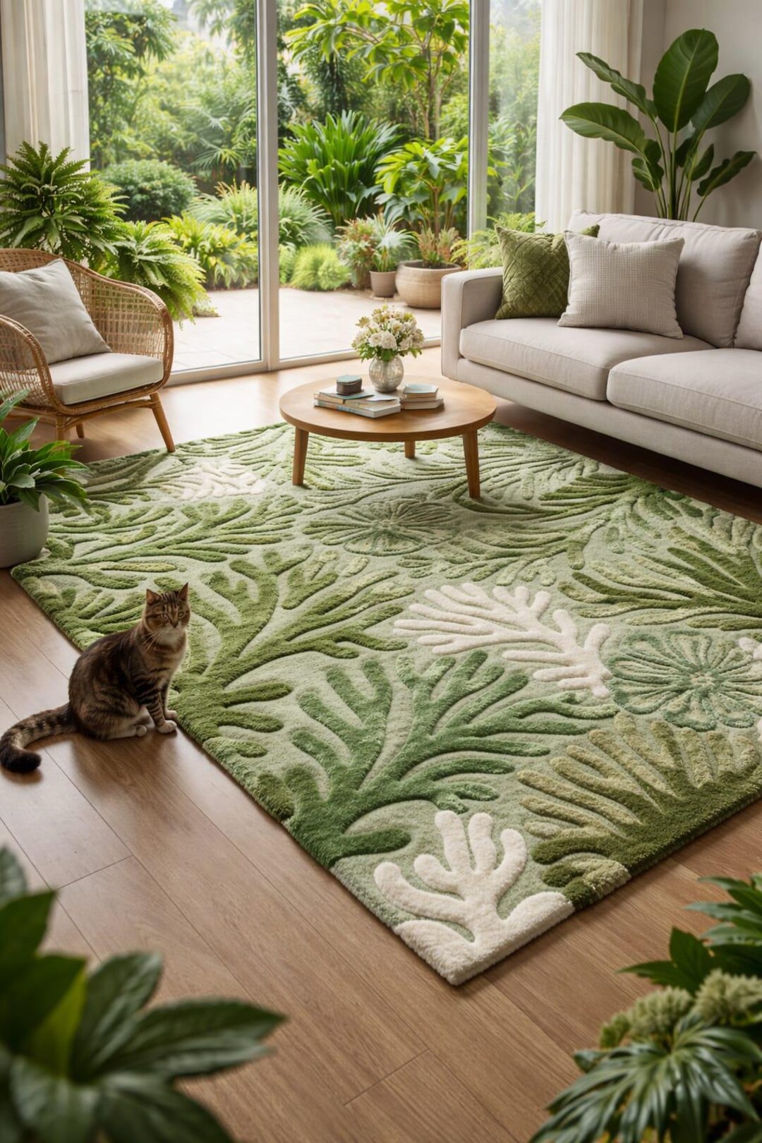 Green Botanical Hand Tufted Wool Rug, Tropical Leaf Pattern Carpet - Etsy