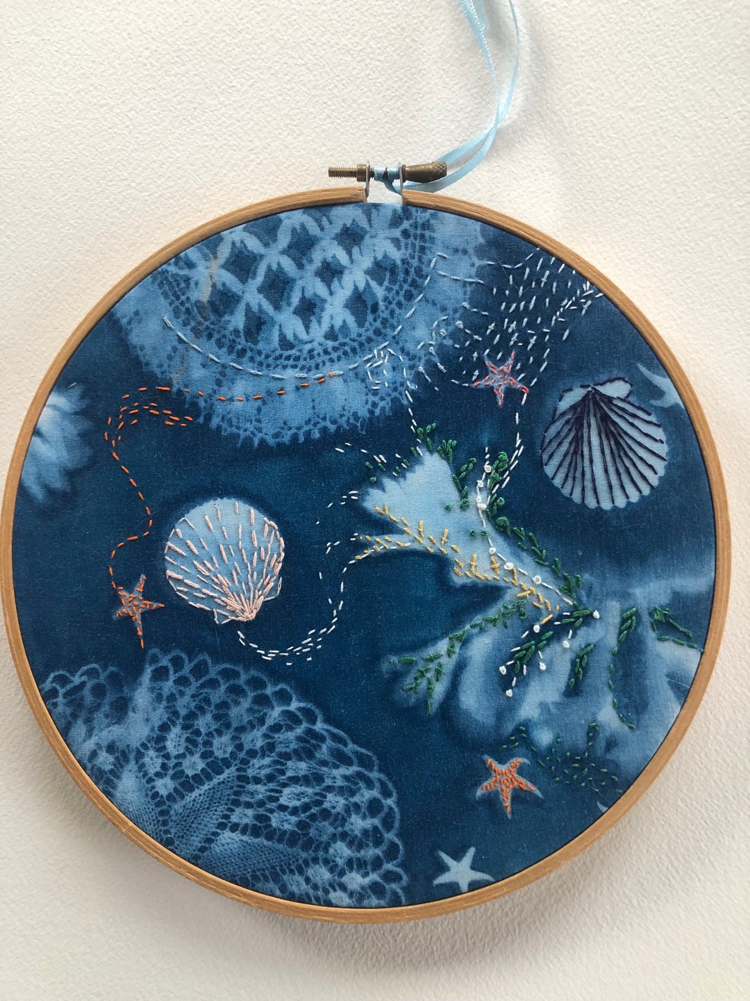 Seashell, Lace and Starfish Cyanotype Embroidery Wall Hanging - Etsy