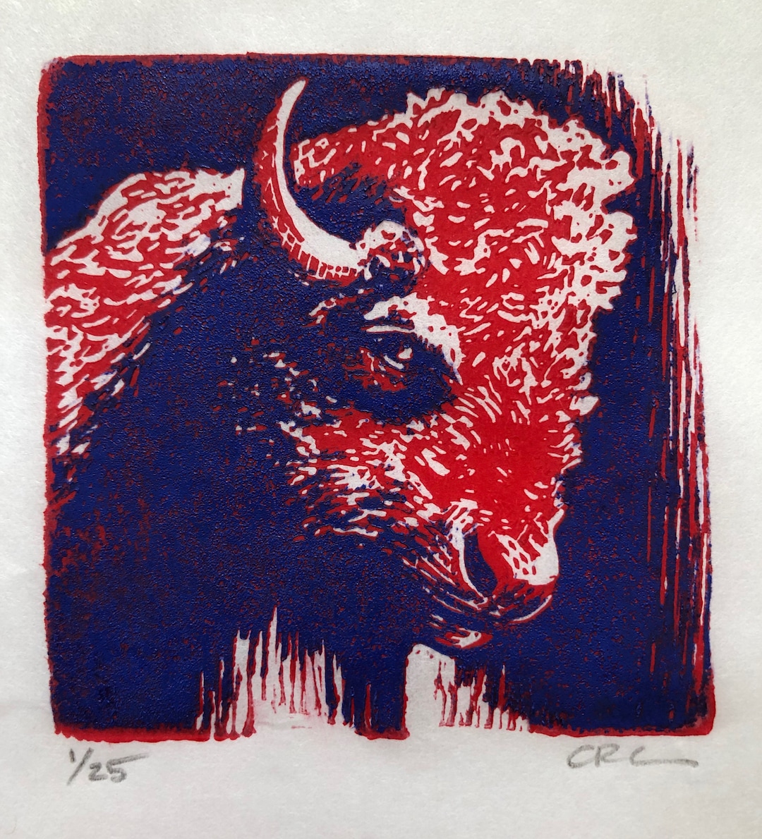 Buffalo Linocut in Red and Blue - Etsy
