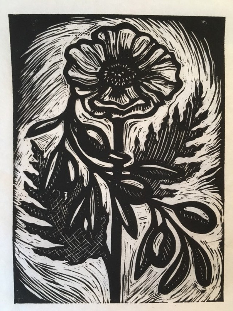 White Poppy and Olive Branch Linocut - Etsy