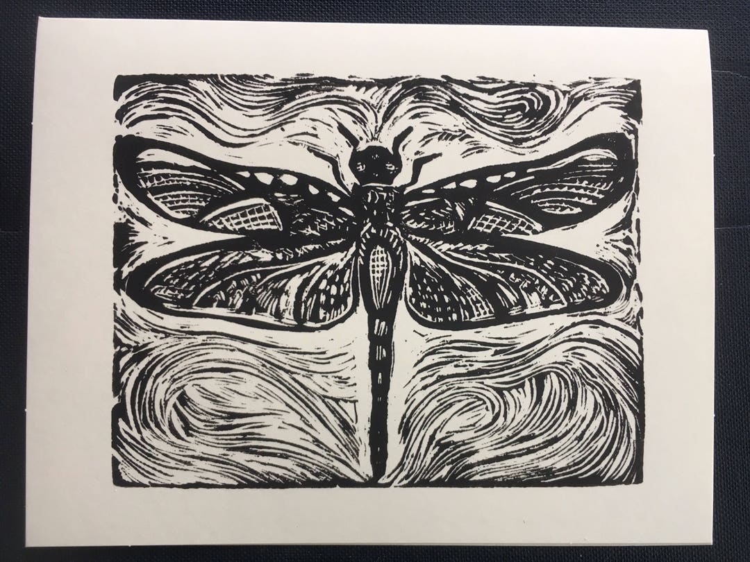 Dragonfly Linocut Blank Notecard - Etsy