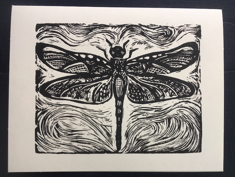 Dragonfly Linocut Blank Notecard - Etsy