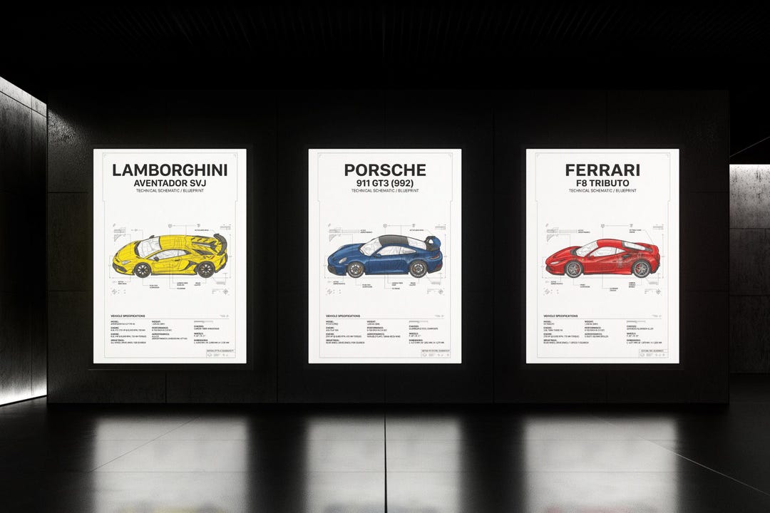 The Trinity Collection – Iconic Supercar Technical Blueprint Bundle - Etsy