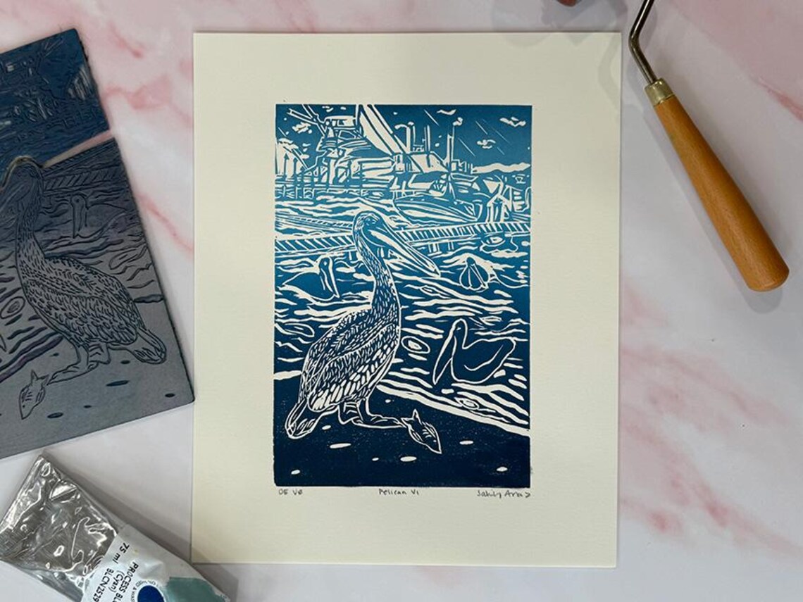 Coastal Pelican Linocut Print – Handmade Beach Wall Art - Etsy