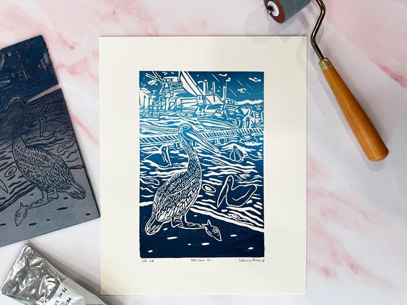 Coastal Pelican Linocut Print – Handmade Beach Wall Art - Etsy
