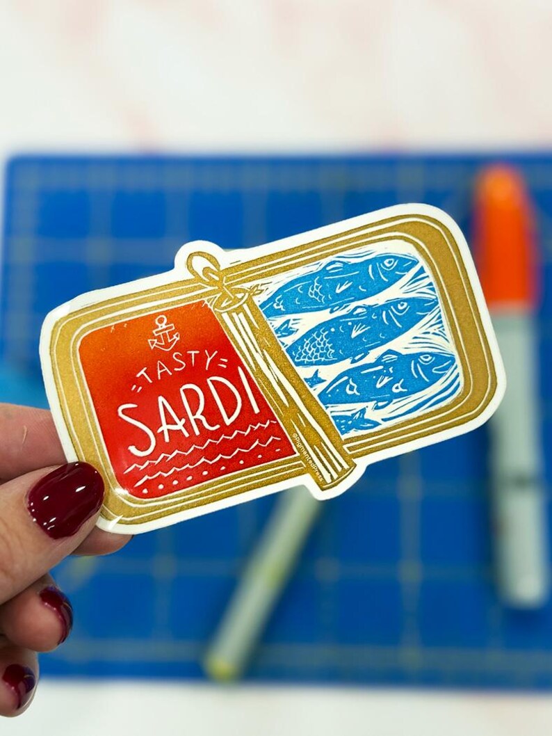 Linocut Sardines Sticker – Retro Foodie Illustration, Water Bottle ...