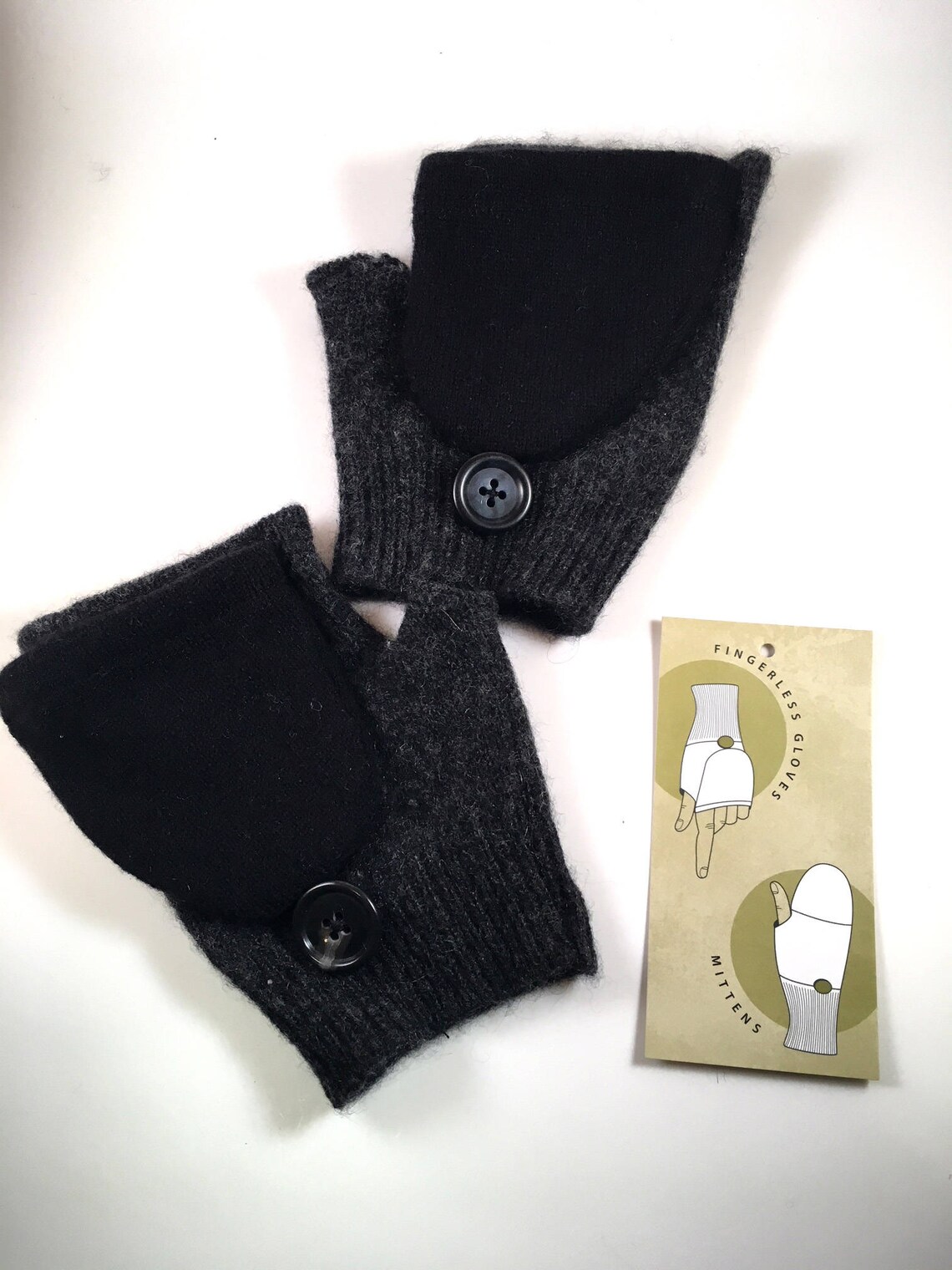 Cashmere Mittens Fingerless Gloves Convertible Charcoal Grey Gray ...