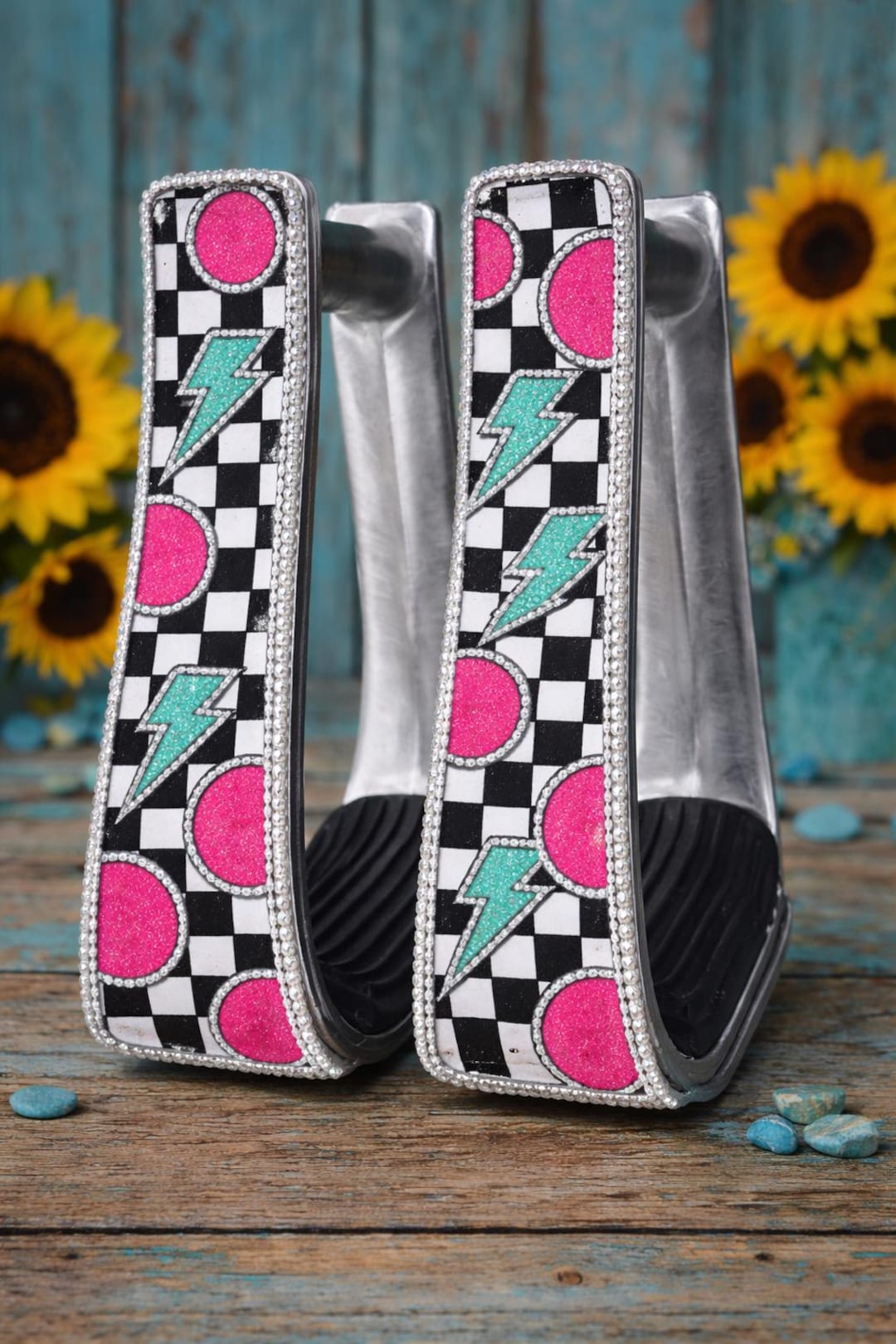 Turquoise Lightning Bolt Checkered Drip Custom Stirrups - Etsy