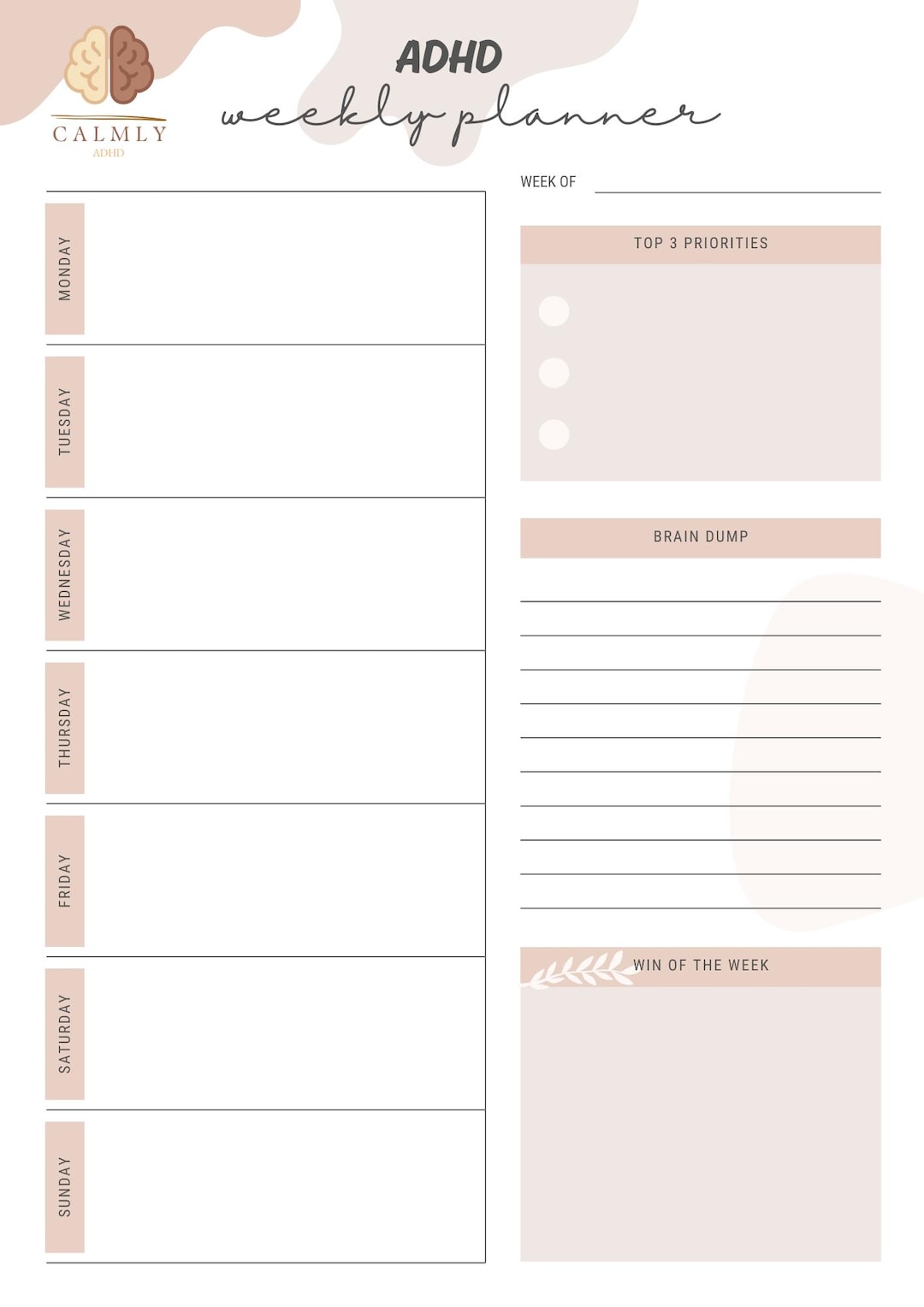 ADHD Weekly Planner Printable | Neurodivergent Planner PDF | Brain Dump ...