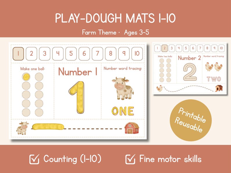 Play Dough Mats Numbers 1-10, Preschool Counting Activity (digital ...