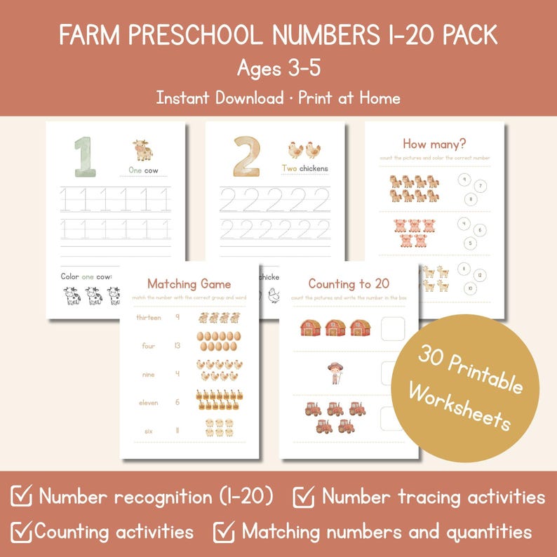 Farm Preschool Numbers 1-20 Worksheets – Counting, Tracing Activities ...