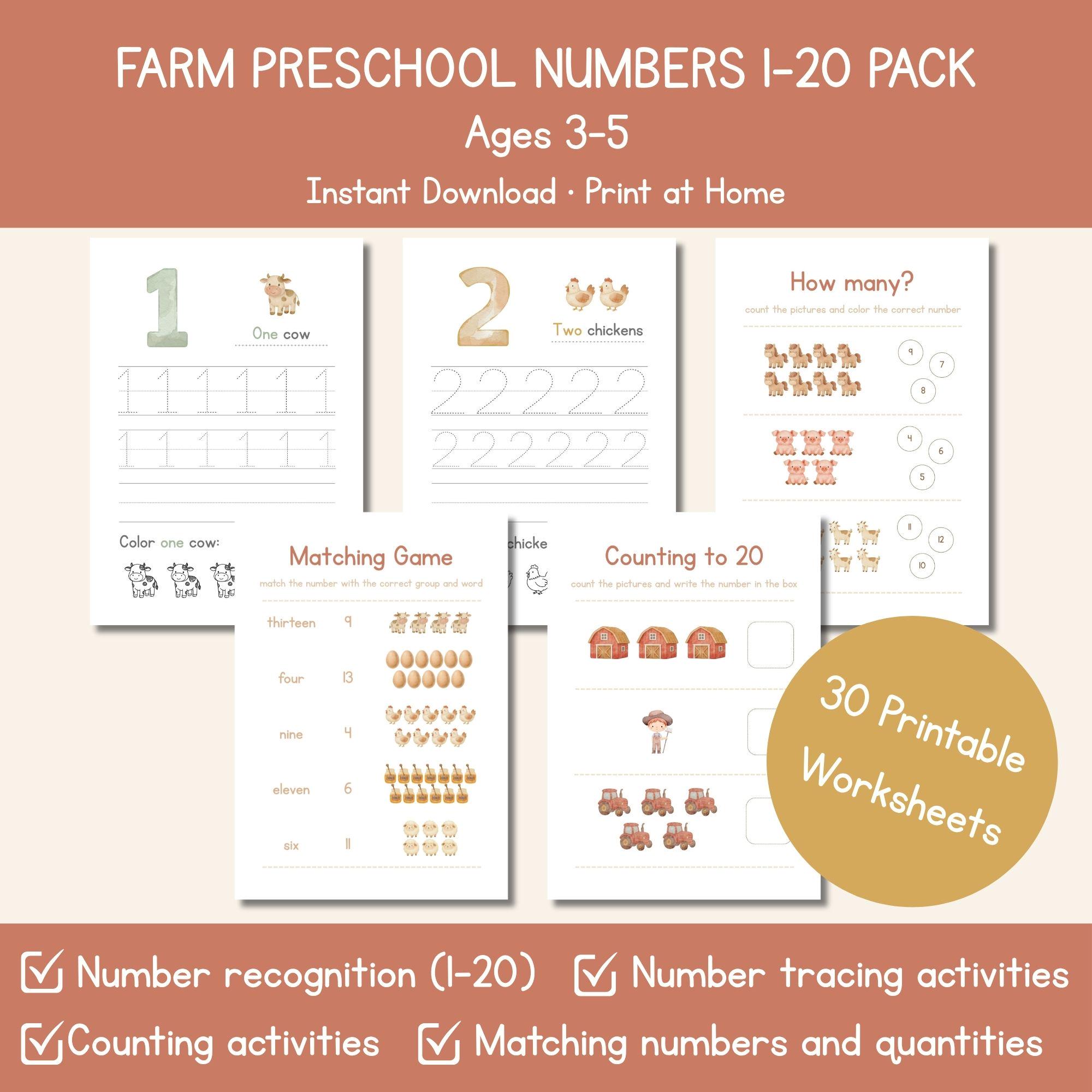 Farm Preschool Numbers 1-20 Worksheets – Counting, Tracing Activities ...