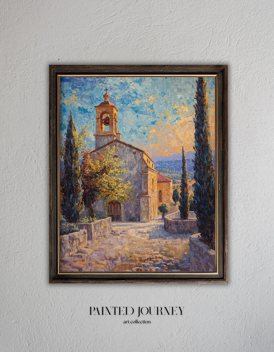 Stone Church Facade Painting, Mediterranean Village, Cypress Trees and ...