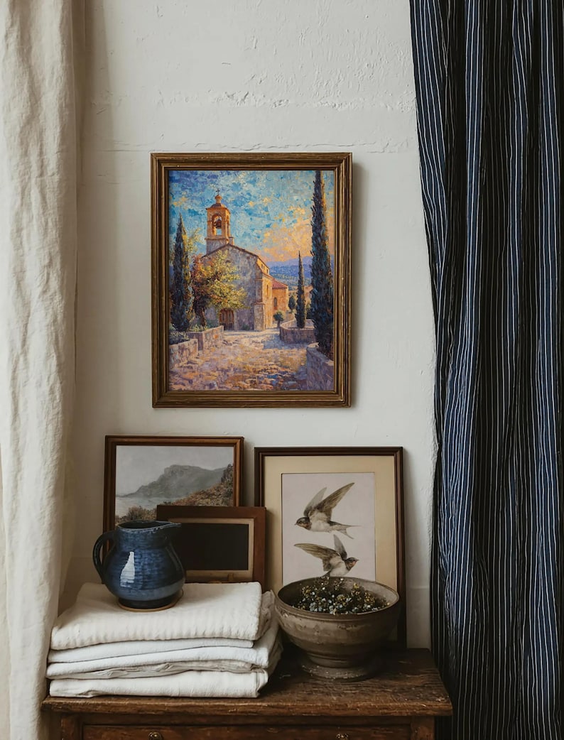 Stone Church Facade Painting, Mediterranean Village, Cypress Trees and ...