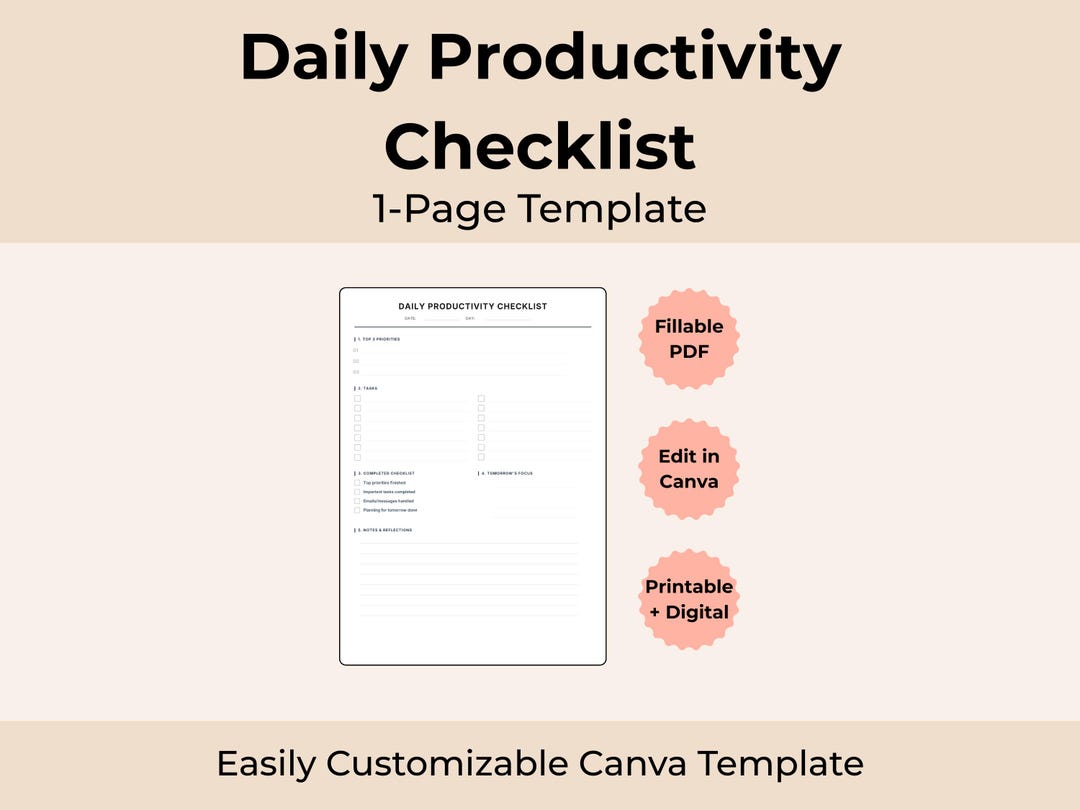 Daily Productivity Checklist | Printable PDF + Customizable Canva ...