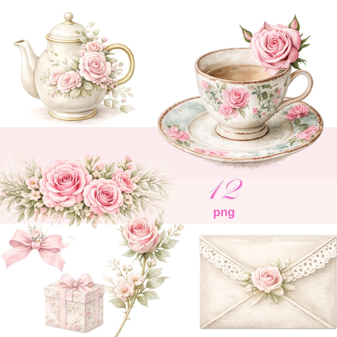 Shabby Chic Pink Floral Clipart Bundle, Vintage Roses Wedding PNG ...
