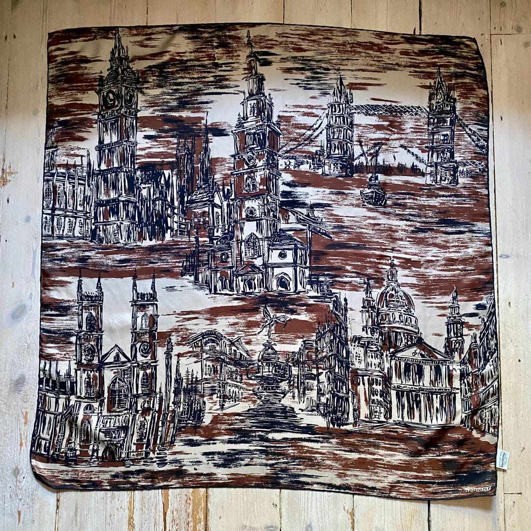 Vintage 50's Jacqmar Silk Scarf Landmarks of London. Large 33 by 34 ...