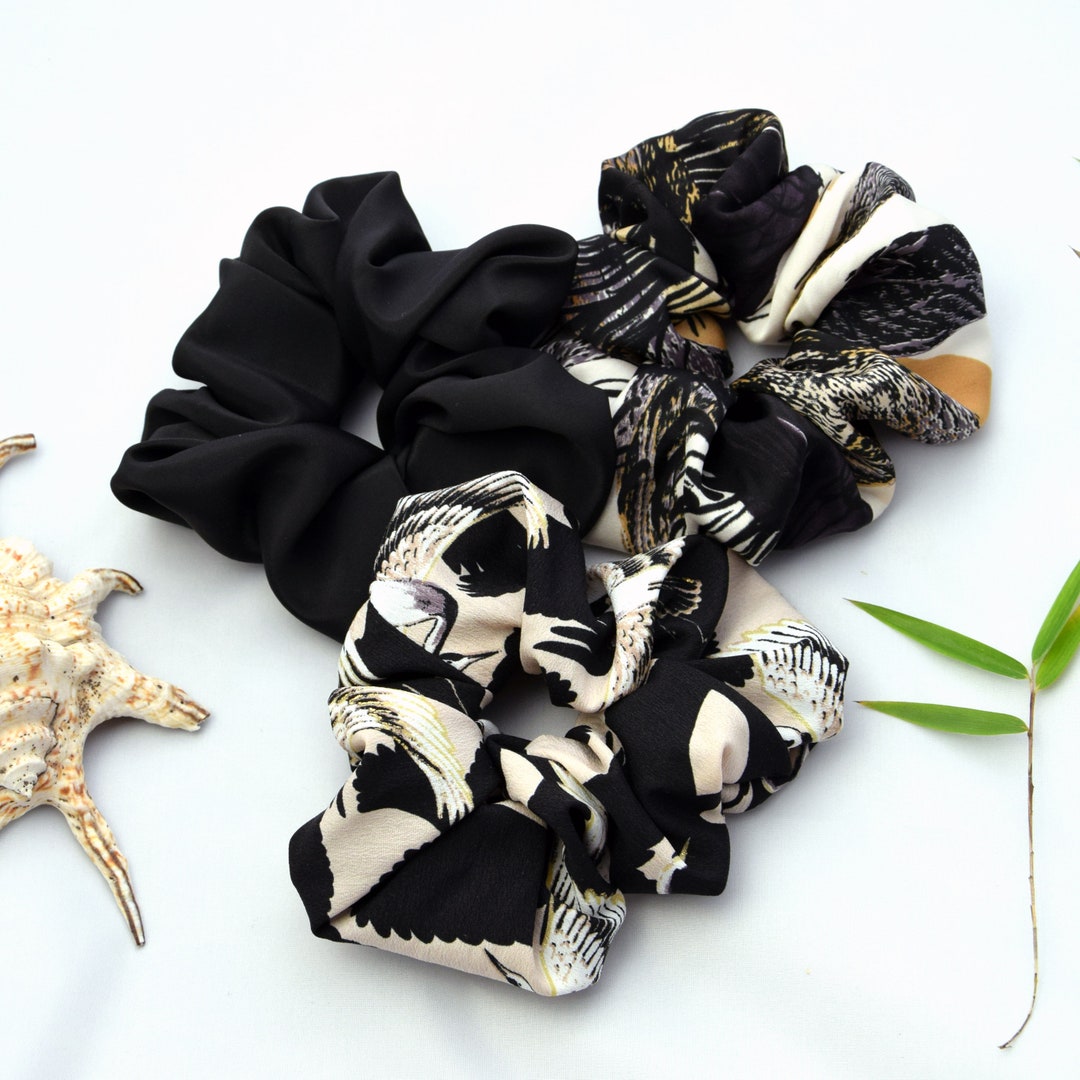 Scrunchie Set, Bird Print Hair Accessories, Feather, Crane & Matt Black ...