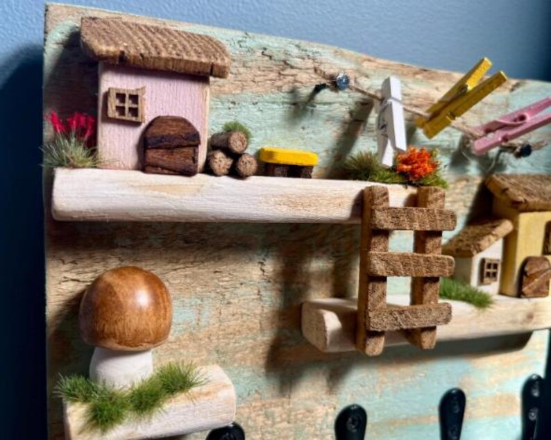 Handmade Wooden Key Holder With Mini Houses | Rustic Cottagecore ...