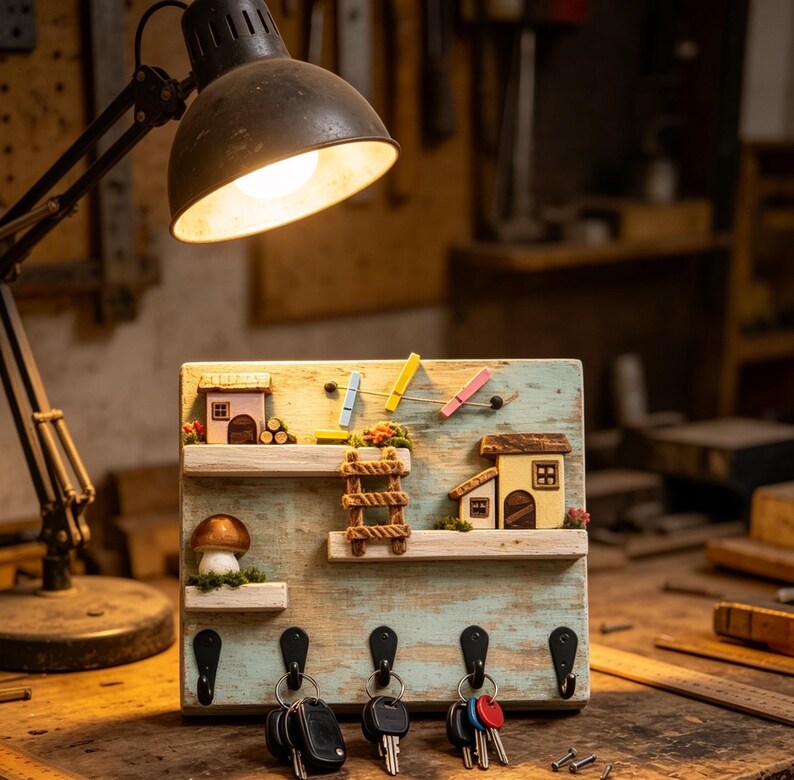 Handmade Wooden Key Holder With Mini Houses | Rustic Cottagecore ...
