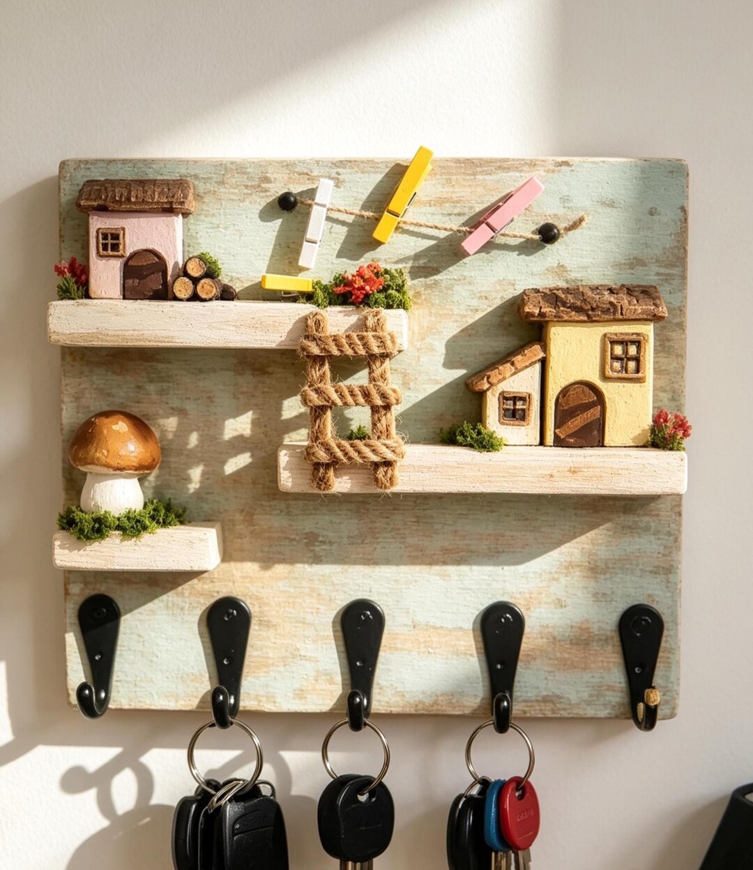 Handmade Wooden Key Holder With Mini Houses | Rustic Cottagecore ...
