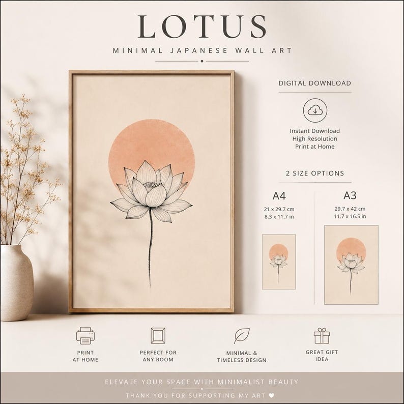 Lotus Wall Art, Minimalist Japanese Botanical Print (digital Download ...