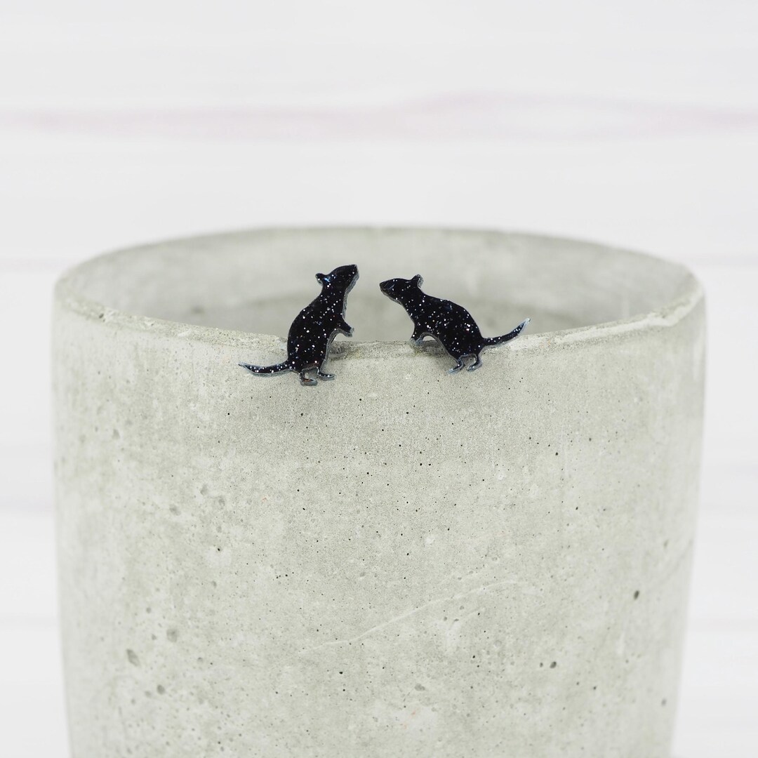 Titanium Ear Wire - Black Glitter Rat Stud Earrings - Delicate ...
