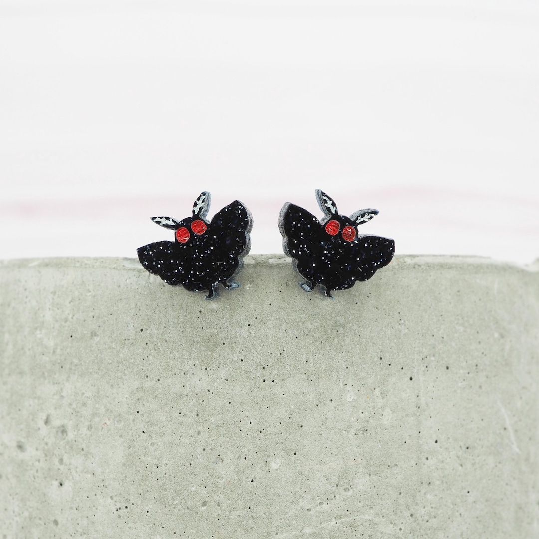 Titanium Ear Wire Mothman Stud Earrings - Black Glitter Acrylic ...