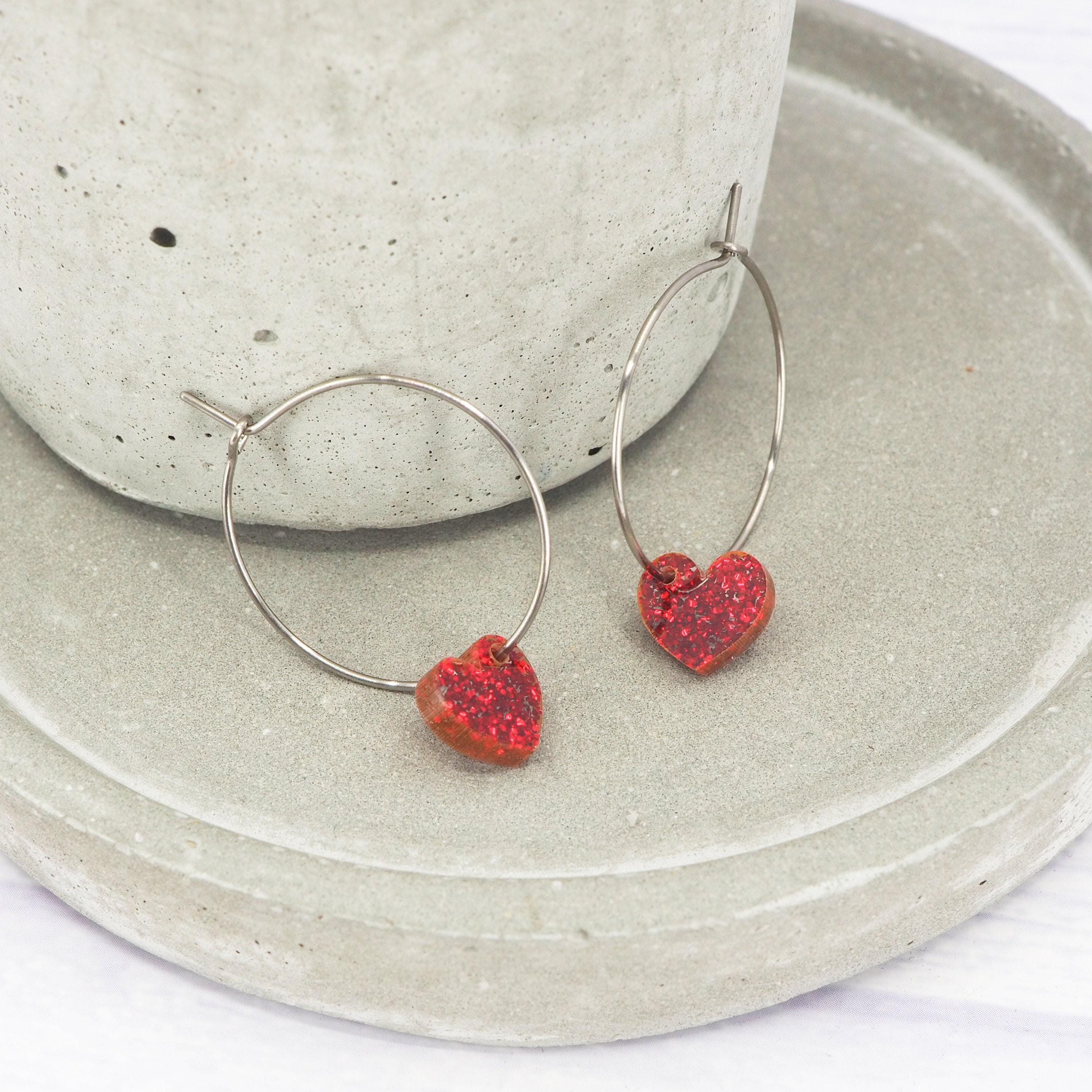 Red heart hoop earrings store