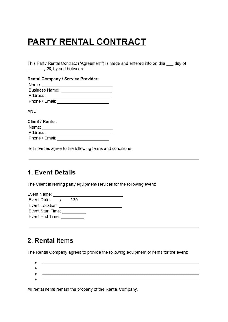 Editable Party Rental Contract DOC & PDF | Event Rental Agreement ...