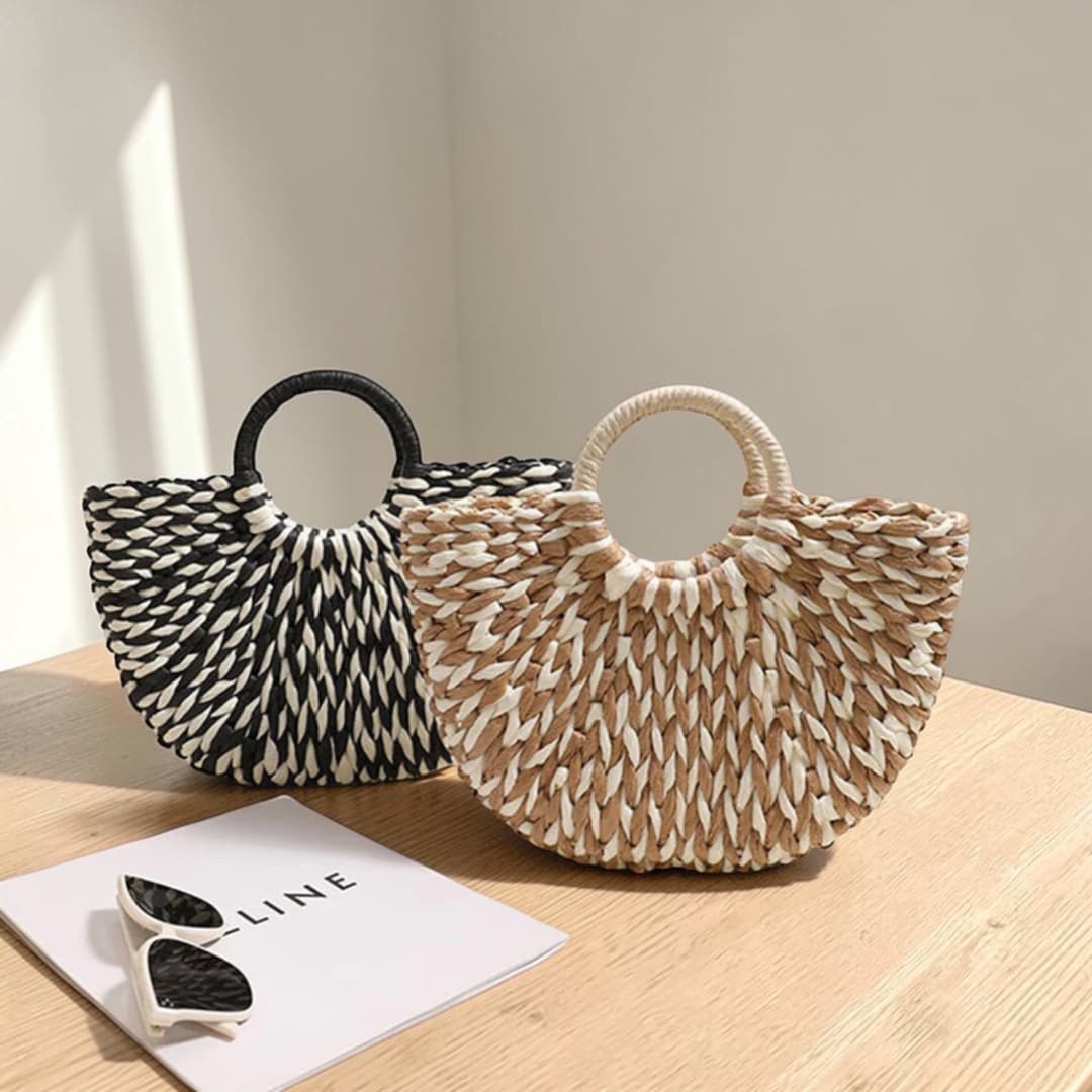 Woven Straw Handbag ∙ Black White Straw Bag ∙ Summer Beach Bag ∙ Boho ...