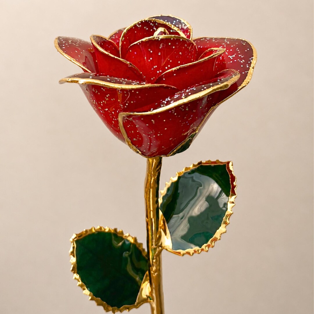Red Glitter Preserved Rose With Gold Trim, Luxury Keepsake Flower Gift ...
