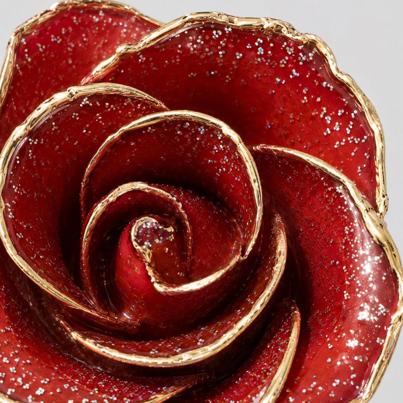 Red Glitter Preserved Rose With Gold Trim, Luxury Keepsake Flower Gift ...