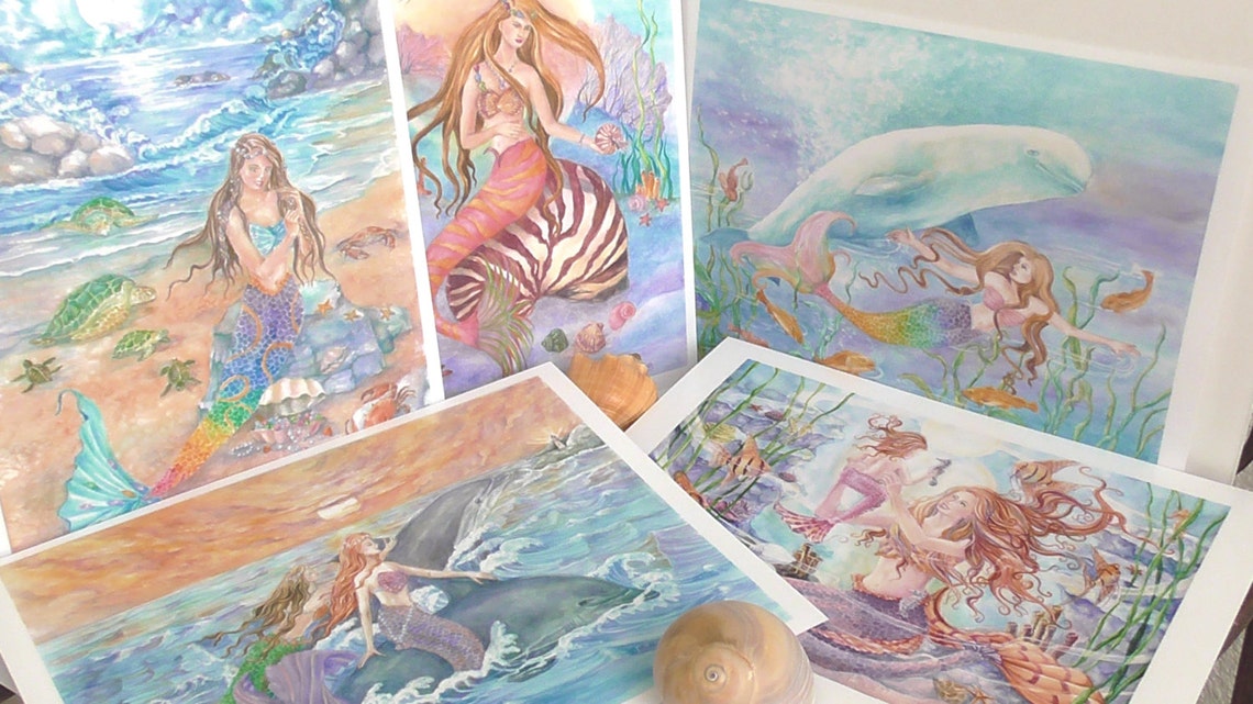 Mermaid Art Prints Set of 5 prints 6 x8 inches each print | Etsy