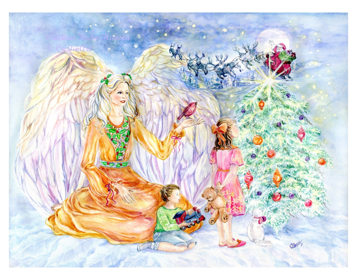 Angel Art Christmas Angel Art Santa's Sleigh With - Etsy
