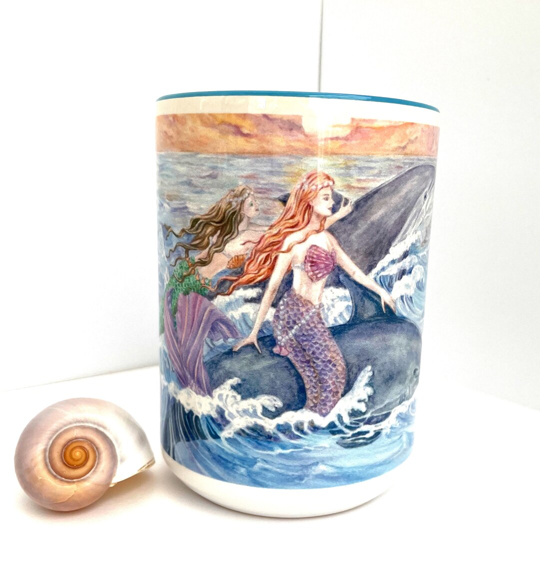 Ceramic Mermaids and Dolphins Design 15 Oz. Mug, Light Blue Handle - Etsy