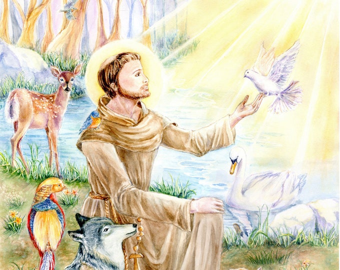 Religious Art, St. Francis of Assisi With Animals in Forest ,franciscan ...