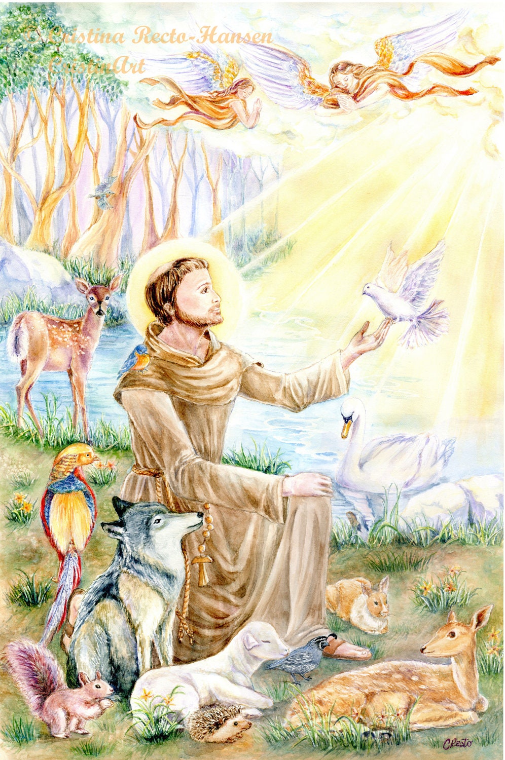 Religious Art, St. Francis of Assisi With Animals in Forest ,franciscan ...
