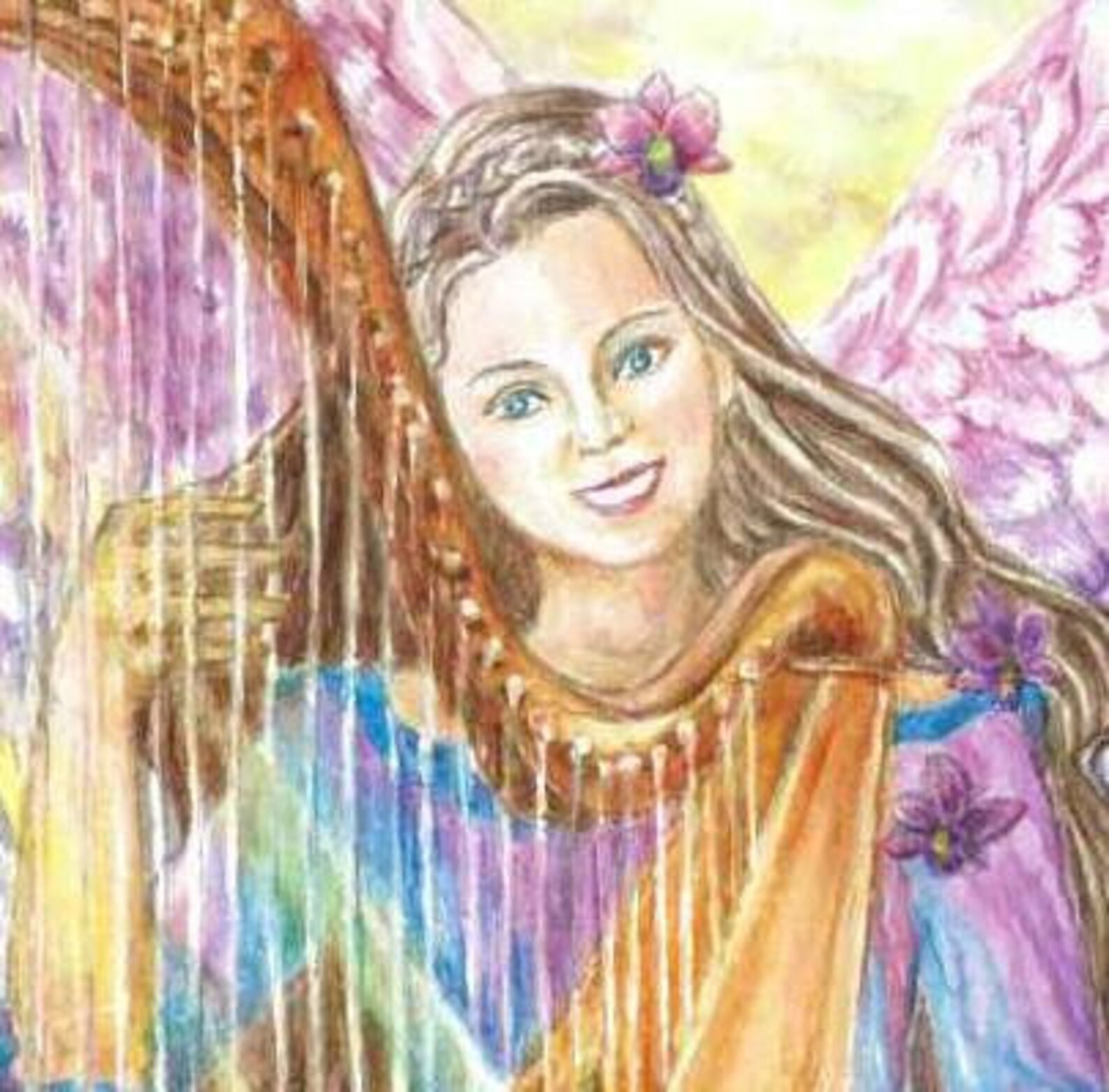 Angel Art, Angel Purple, Blue, Gold Playing a Golden Orchestral Harp ...