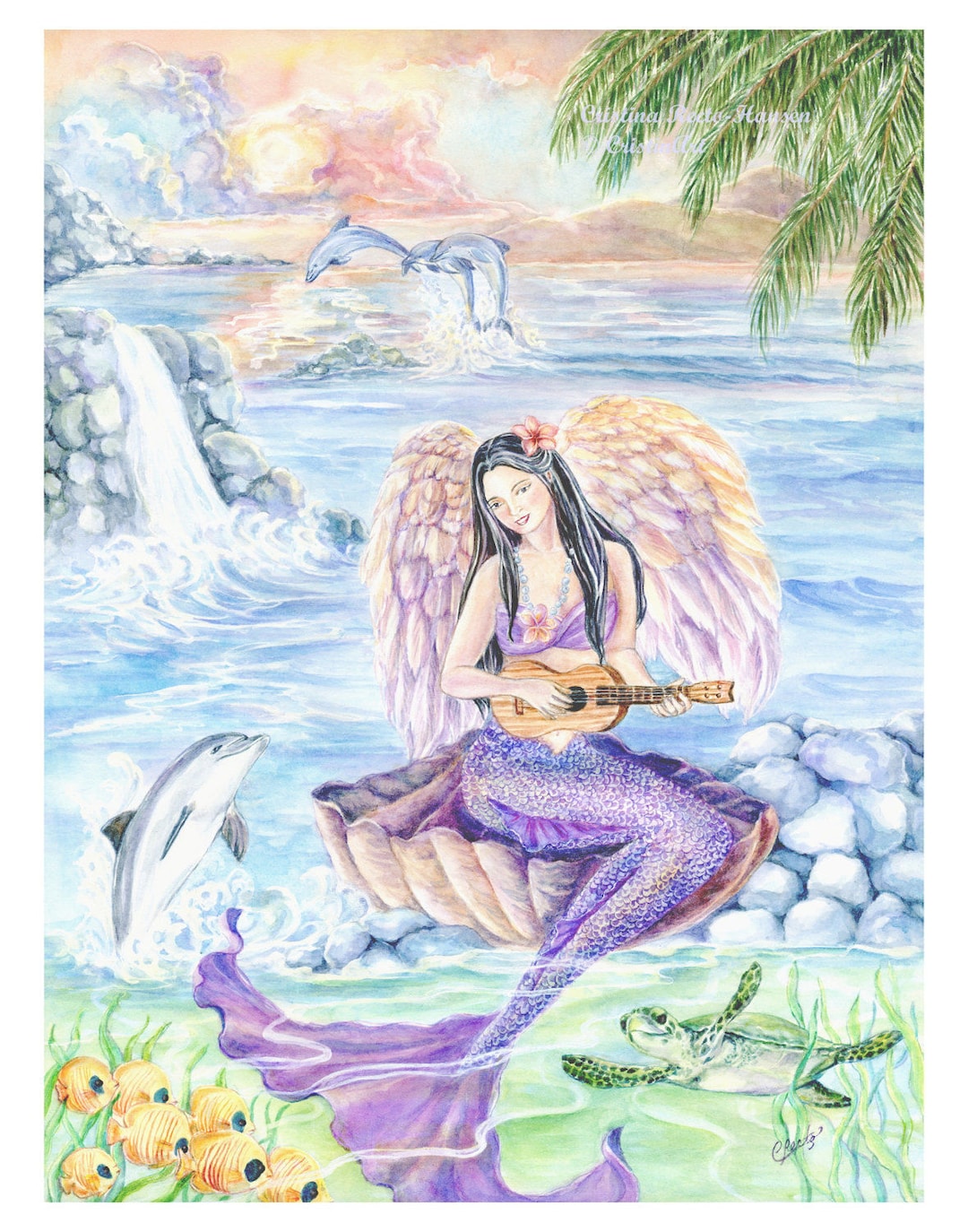 Mermaid Art Print,hawaiian Mermaid,angel-mermaid on Clam Shell,dolphins ...