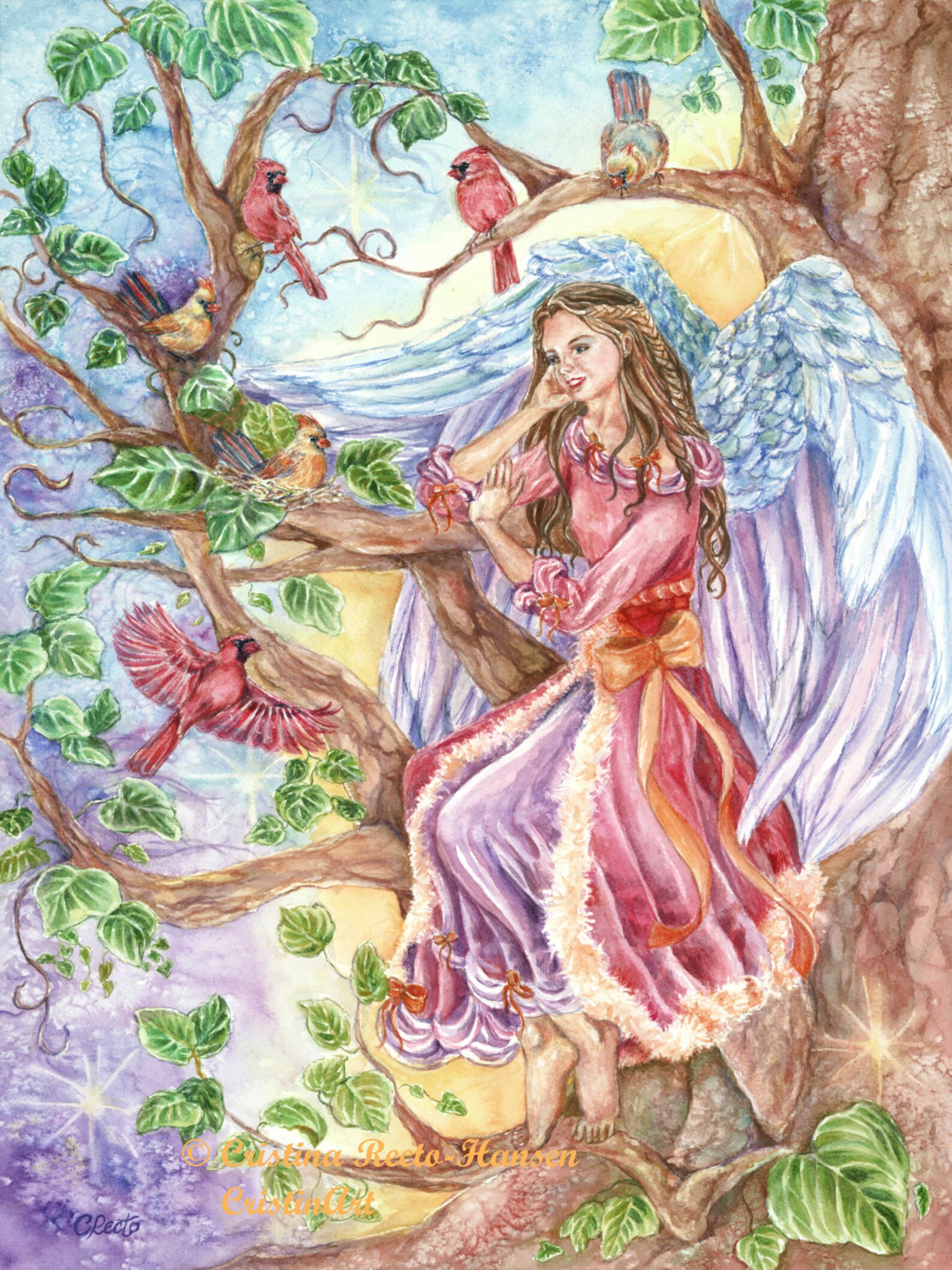 Angel Art in Victorian Burgundy Gown in Tree With Red Cardinals and ...