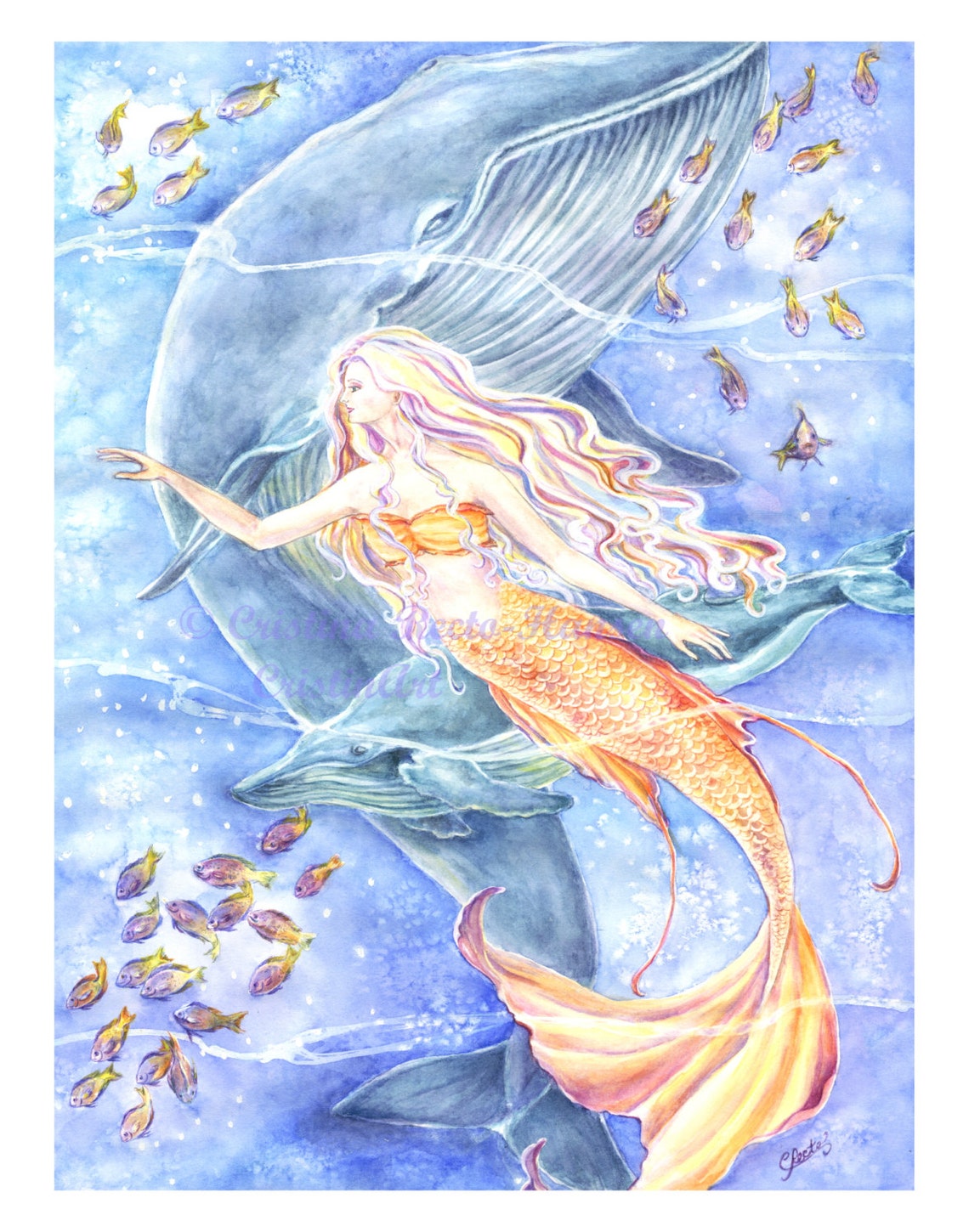 Mermaids Art Print, Atlantic Mermaid With Blue Whale Humpback Whale ...