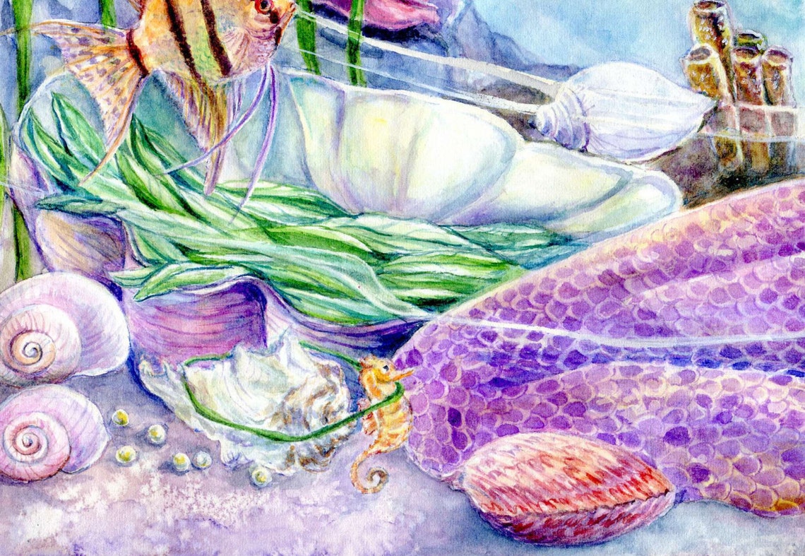 Mermaids Art Print, Mother and Child Angel Fish Mermaids With Angel ...